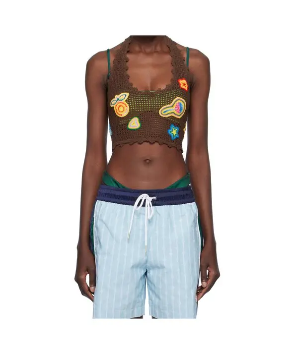 Casablanca Motif Crochet Cropped Top - Brown