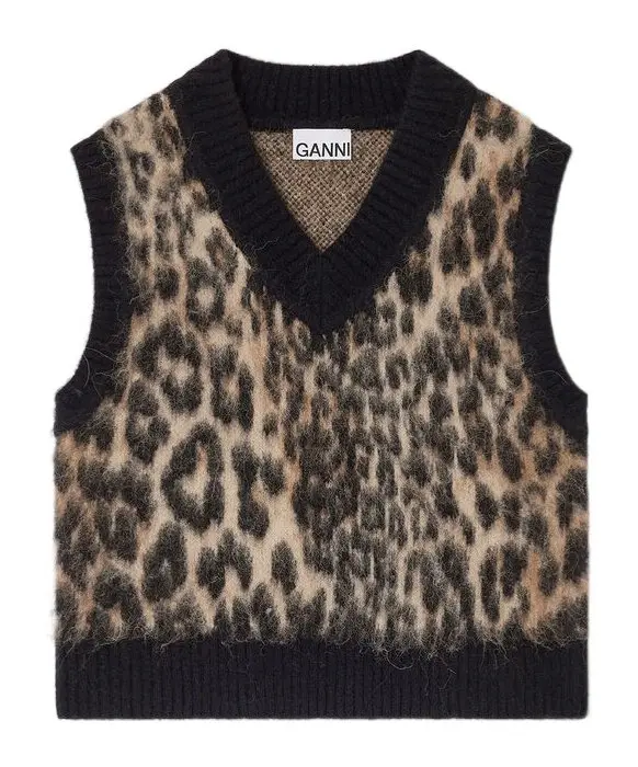 GANNI V-neck Leopard-printed Knitted Vest - Leopard Color