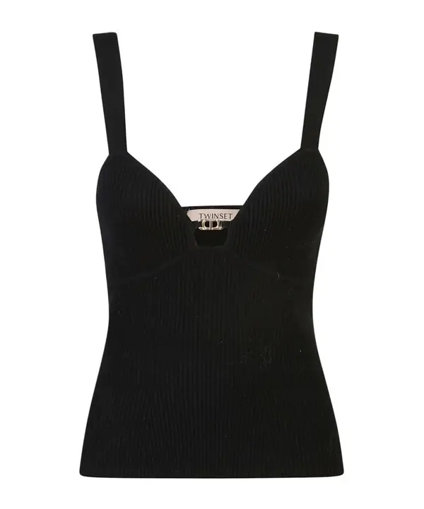 TWINSET Ribbed Knit V-neck Top With Logo Detail - Black