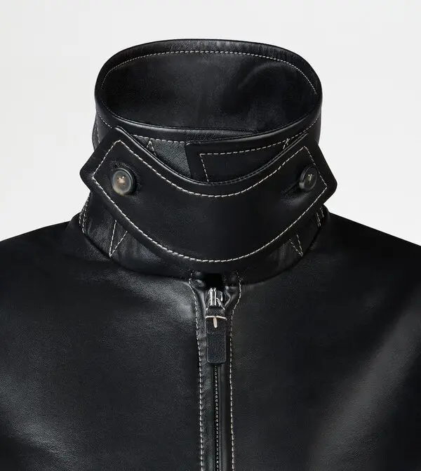 TOD'S Cropped Leather Bomber Jacket With Detachable Collar