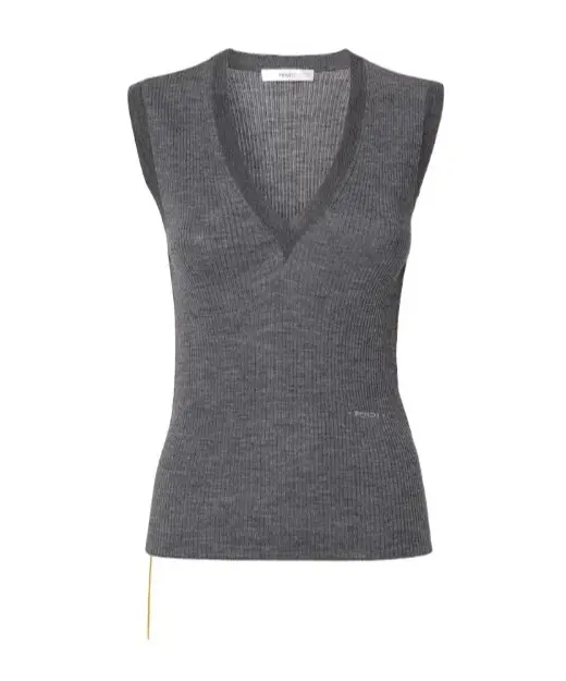 Fendi Gray Melange Wool Ribbed Sleeveless V-neck Top - Grey
