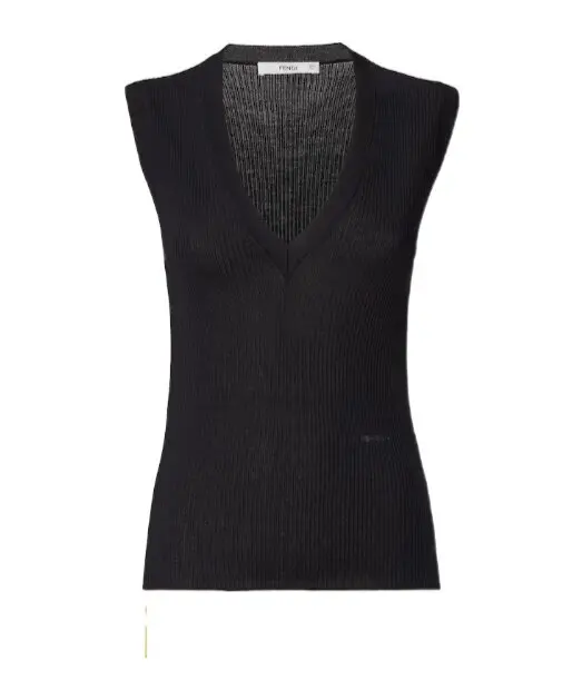 Fendi Wool Ribbed Sleeveless V-neck Top - Black
