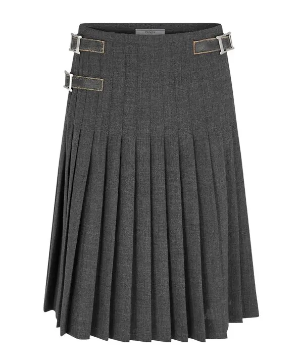Prada Pleated Midi Skirt With Buckle Detailing