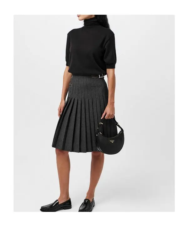 Prada Pleated Midi Skirt With Buckle Detailing
