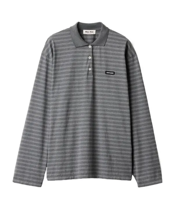 Miu Miu Cotton Jersey Polo Shirt With Striped Pattern - Gray