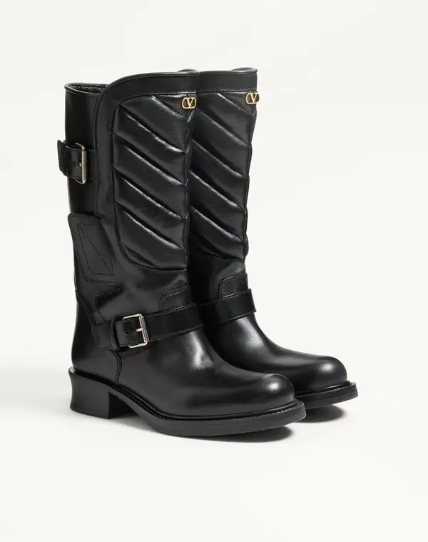 Valentino Garavani Calfskin And Nappa Leather Biker Boots With Chevron Pattern
