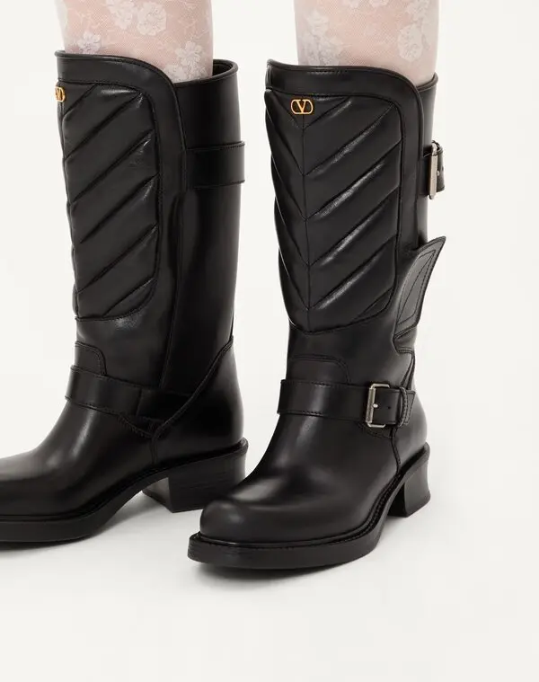 Valentino Garavani Calfskin And Nappa Leather Biker Boots With Chevron Pattern