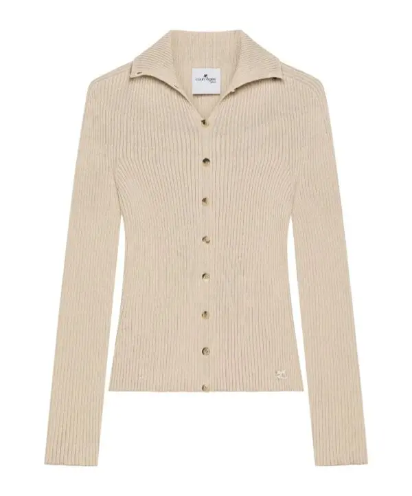 COURREGES Ribbed Knit Collared Cardigan - Beige