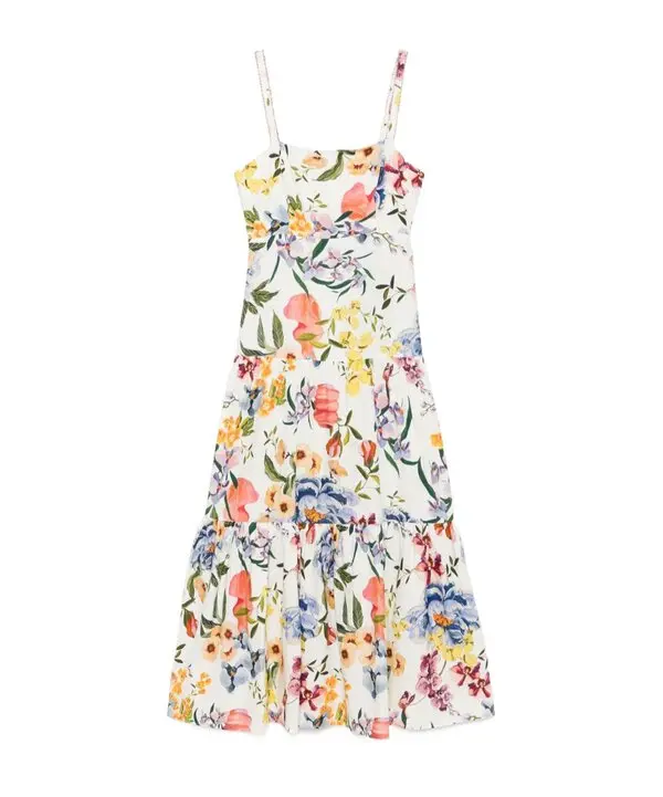 Farm Rio Dress With Floral Print In Linen Blend - White