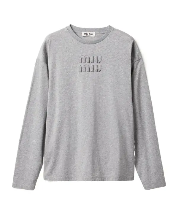 Miu Miu Long Sleeve Cotton T-shirt With Embroidered Logo