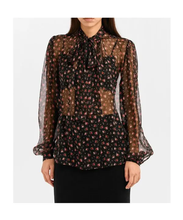 Dolce & Gabbana Floral Print Tie Neck Blouse - Gray