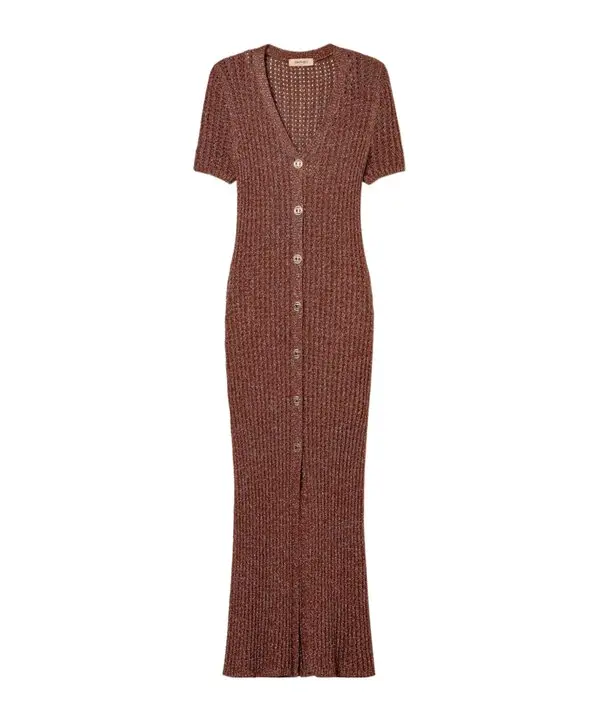 TWINSET Metallic Lurex-viscose Blend Knit Maxi Dress With V-neck And Button Front