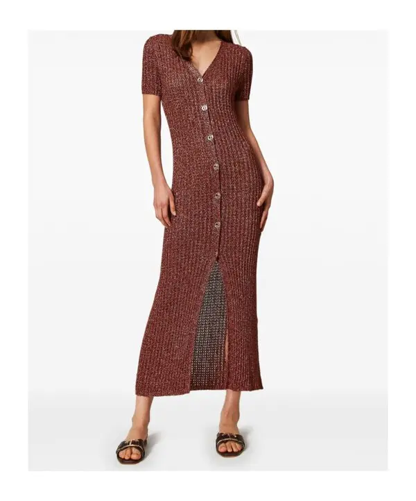 TWINSET Metallic Lurex-viscose Blend Knit Maxi Dress With V-neck And Button Front