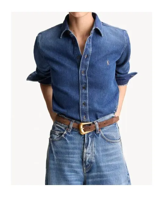 Saint Laurent Cassandre Embroidered Denim Shirt