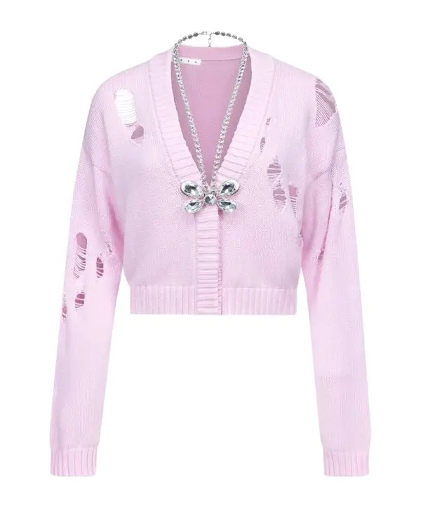 AREA Butterfly Embellished Organic Cotton-blend Cardigan - Pink
