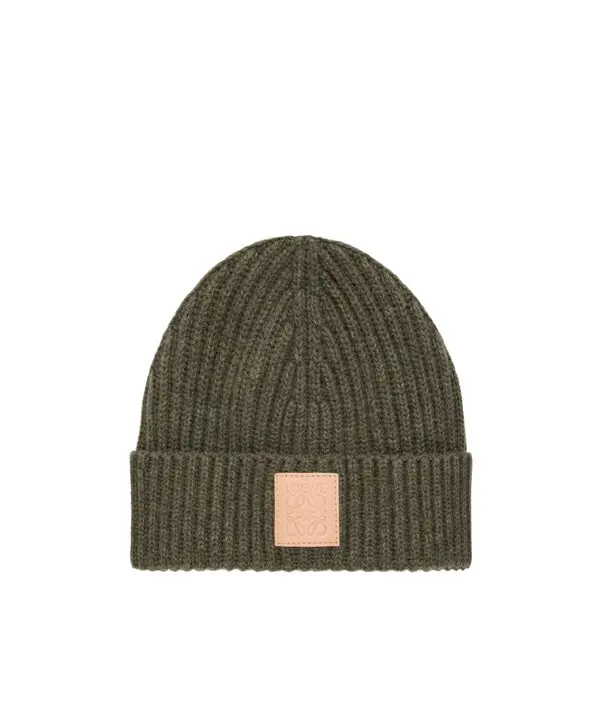Loewe Knitted Beanie With Logo Patch - Deep Khaki
