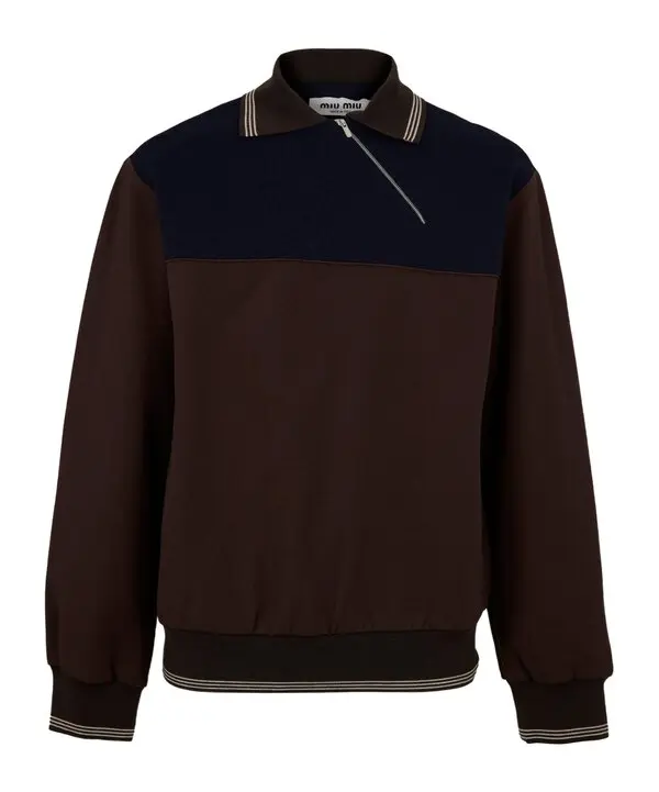 Miu Miu Two-tone Collared Zip-up Sweater - Black
