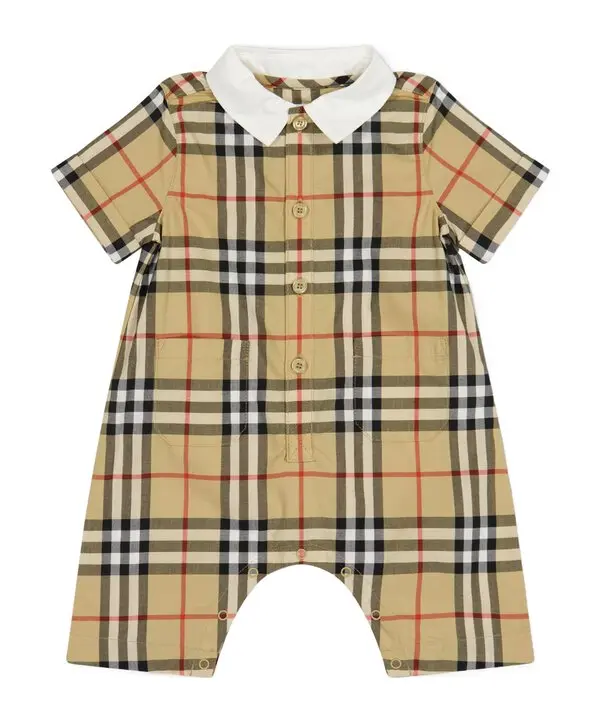 Burberry Plaid Short Sleeve Romper With Collar - Nude