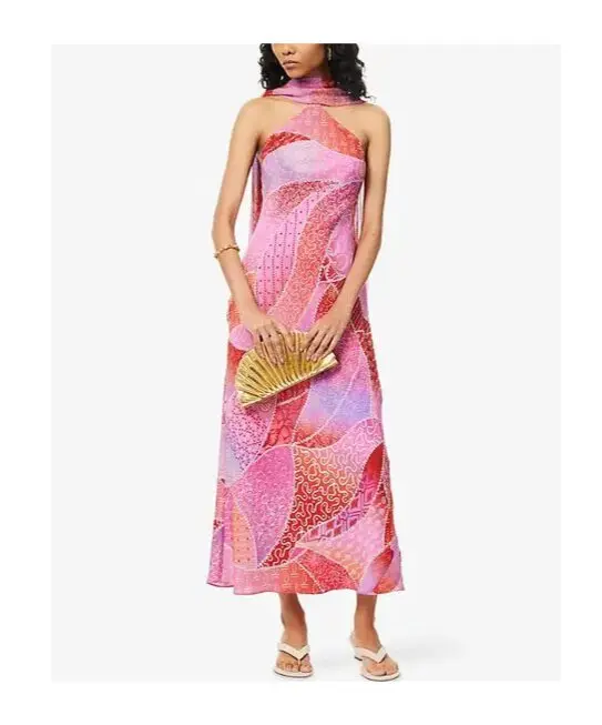 Rixo Halter Neck Maxi Dress With Detachable Scarf