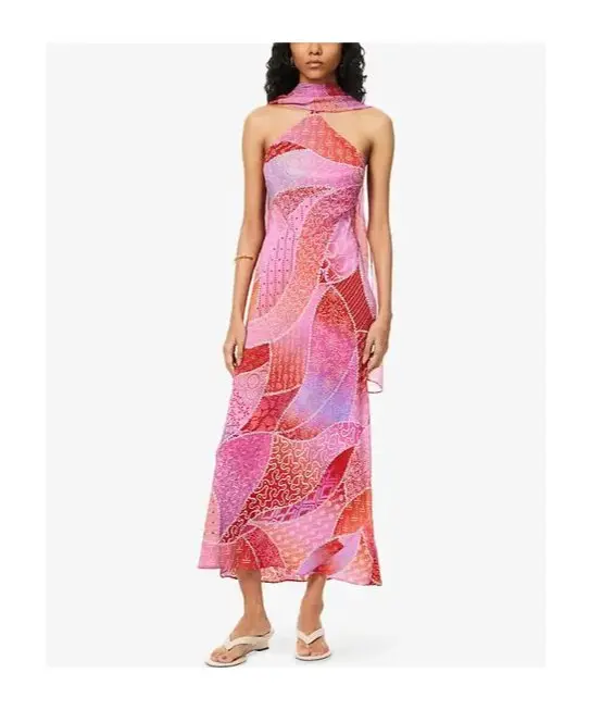 Rixo Halter Neck Maxi Dress With Detachable Scarf