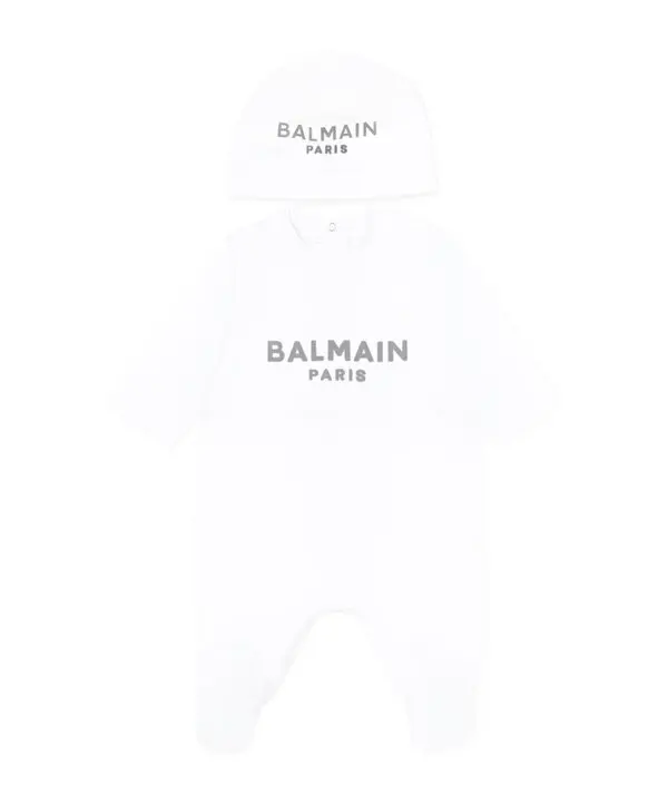Balmain Logo Print Babygrow Set With Hat