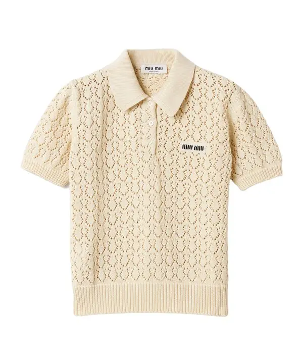 Miu Miu Cotton Crochet Knit Polo Shirt - Ivory