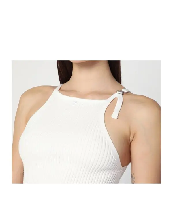 COURREGES Ribbed Top With Asymmetrical Hem And Buckle Detail - White