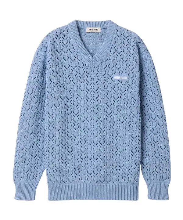 Miu Miu Cotton V-neck Sweater - Sky-blue