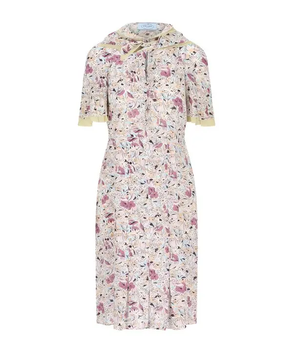 Prada Floral Print Midi Dress With Pleated Hem - Pink