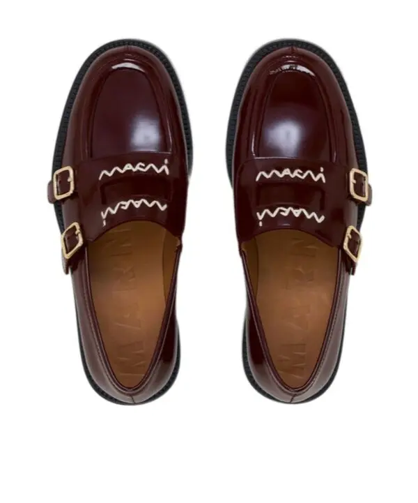 Marni Burgundy Leather Double Buckle Loafers