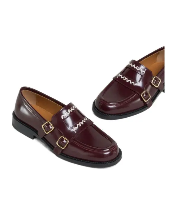 Marni Burgundy Leather Double Buckle Loafers