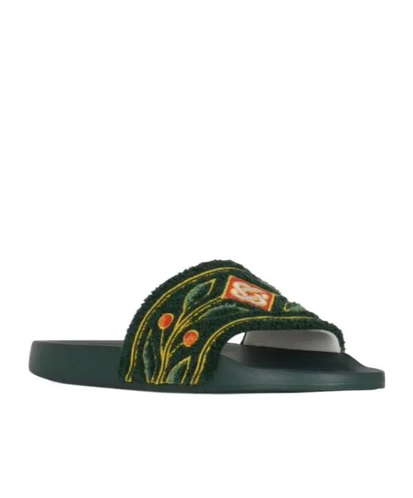 Casablanca Embroidered Terry Cloth Slide Sandals - Green