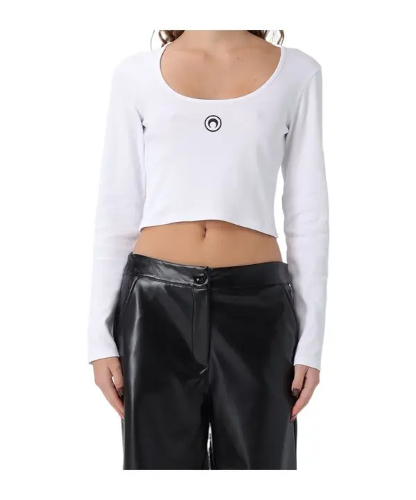 MARINE SERRE Moon Embroidered Cropped Top - White