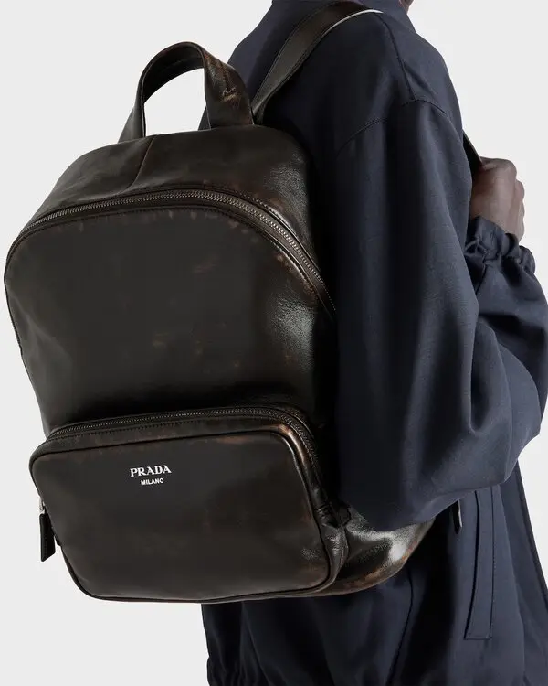 Prada Distressed Nappa Leather Backpack - Dark Brown