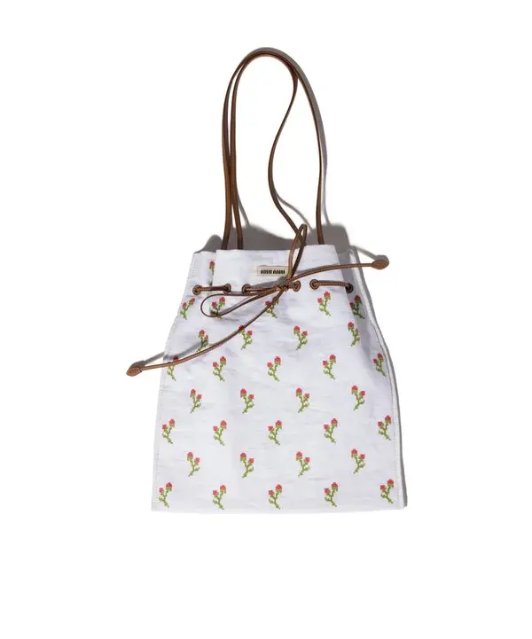 Miu Miu Embroidered Linen Tote Bag - White/red
