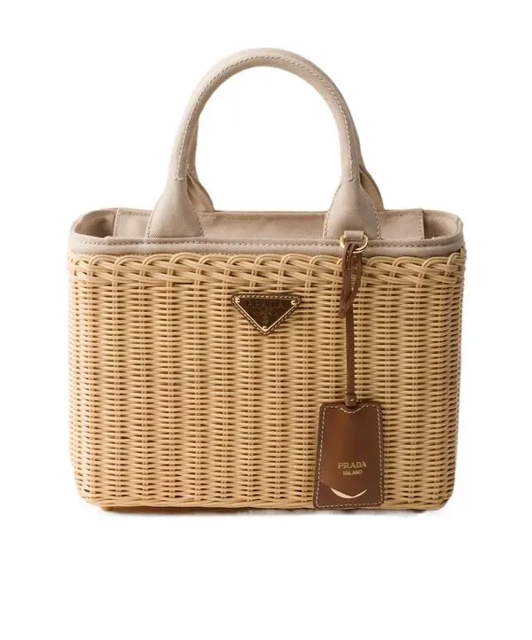 Prada Medium Wicker And Canvas Tote Bag