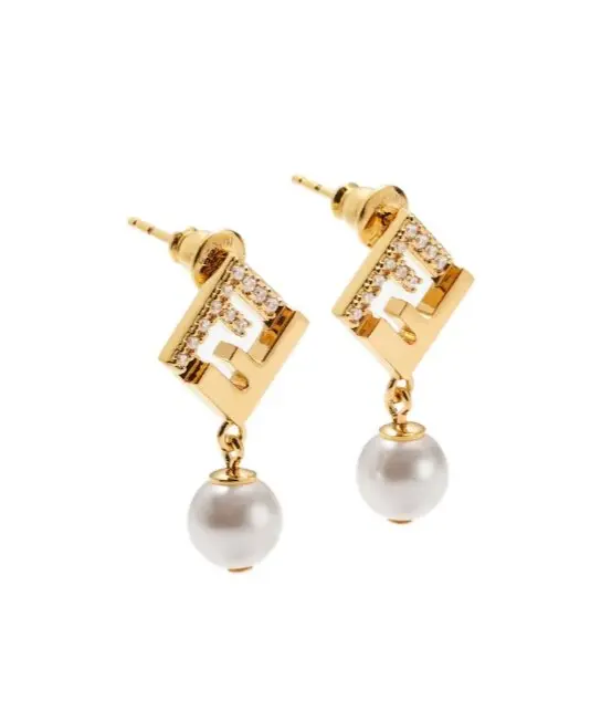 Fendi Ff Pattern Bar Buckle Drop Earrings With Pearl - Gold