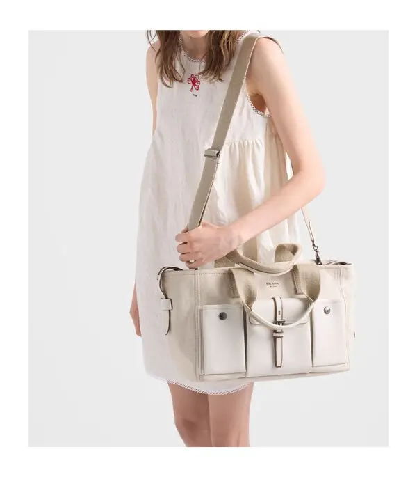 Prada Route Large Canvas And Leather Tote Bag