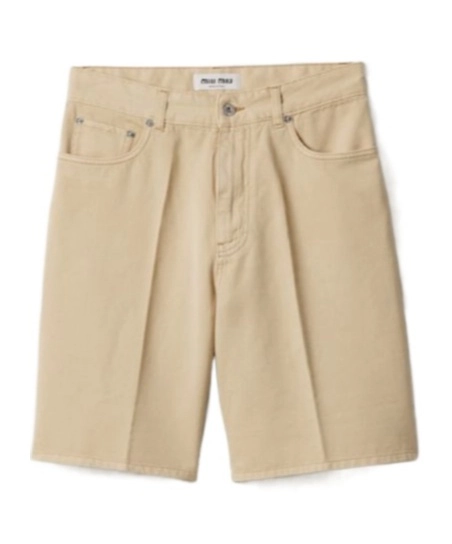 Miu Miu Logo Detailed Bermuda Shorts In Lightweight Denim - Nude