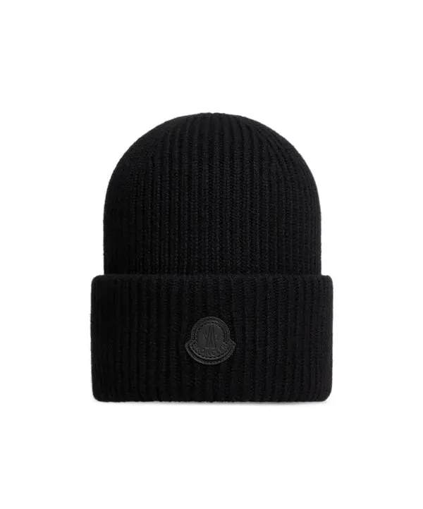 Moncler Leather Logo Cashmere Beanie - Black