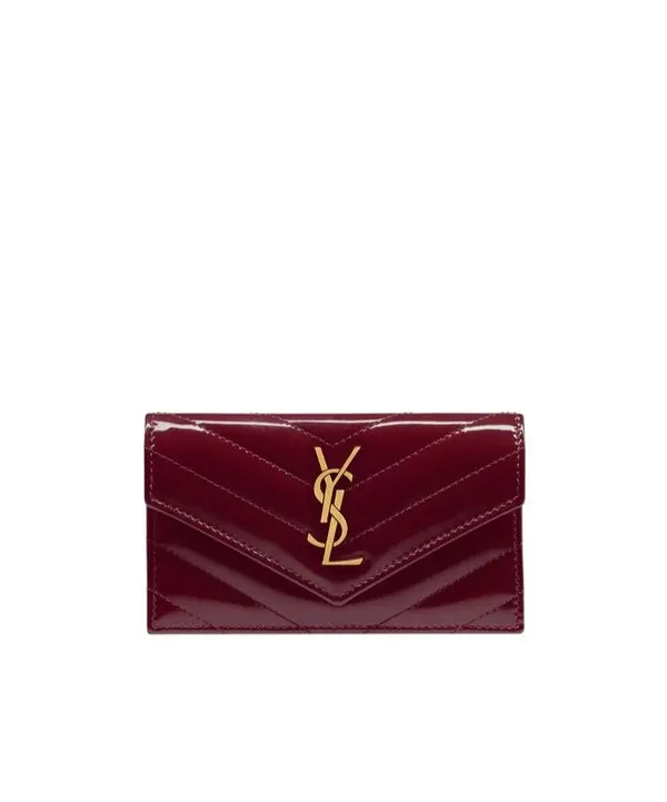 Saint Laurent Cassandre Matelassé Fragments Flap Card Case In Patent Leather - Deep Red Wine