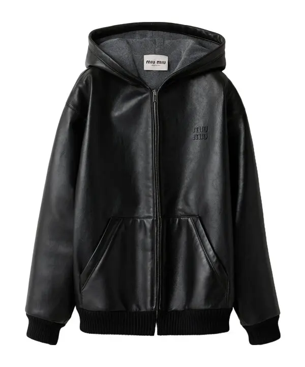 Miu Miu Nappa Leather Zip-up Hoodie Jacket With Embossed Logo