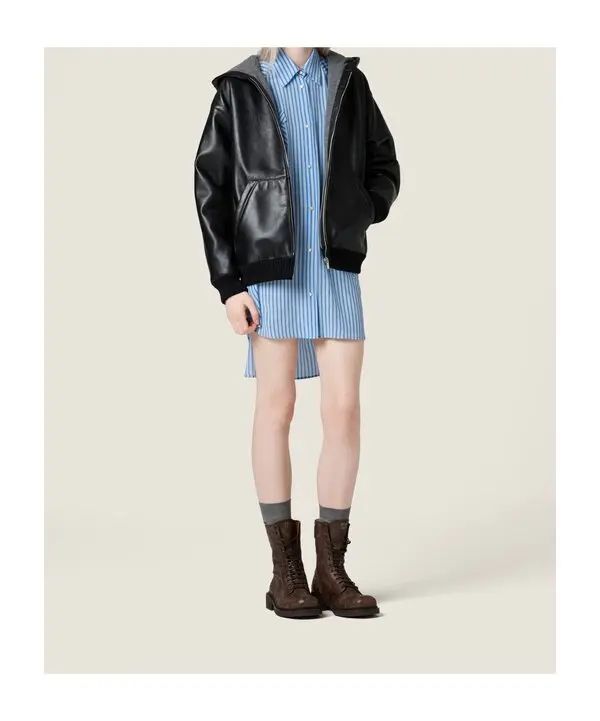 Miu Miu Nappa Leather Zip-up Hoodie Jacket With Embossed Logo