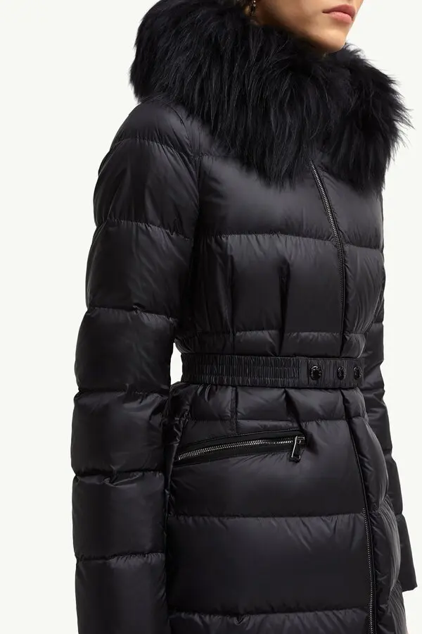 Moncler Boedic Hooded Long Down Jacket With Fur Trim