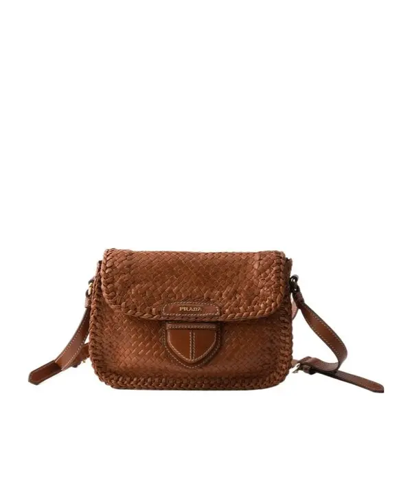 Prada Woven Leather Mini Shoulder Bag - Cognac