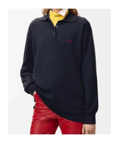 Loewe Cashmere Silk Blend Polo Sweater - Deep Navy Blue