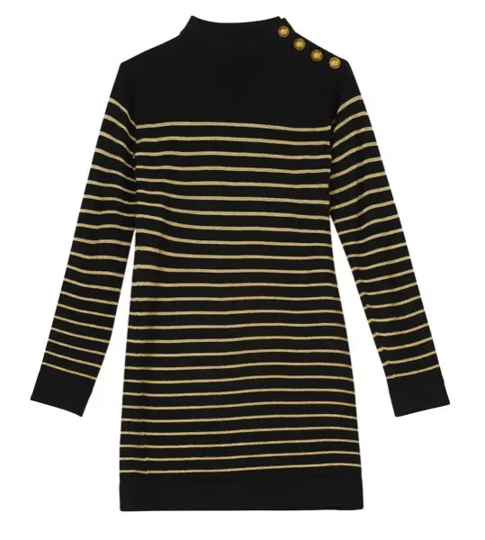 Balmain Striped High-neck Dress With Button Detail