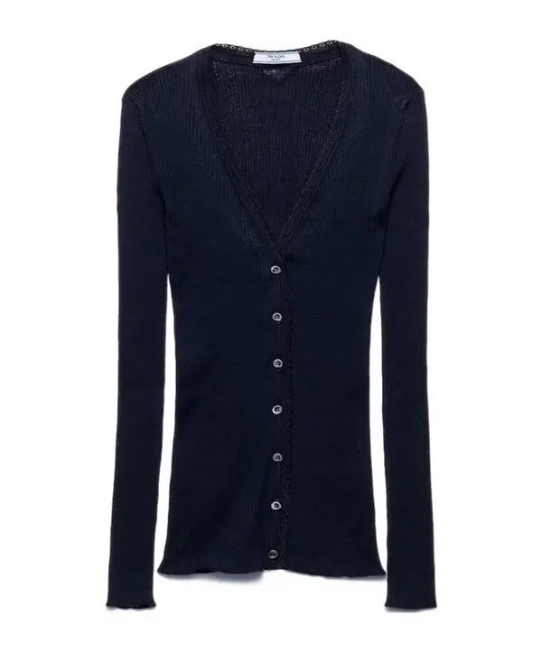 Prada V-neck Cotton Cardigan With Tassel Trim