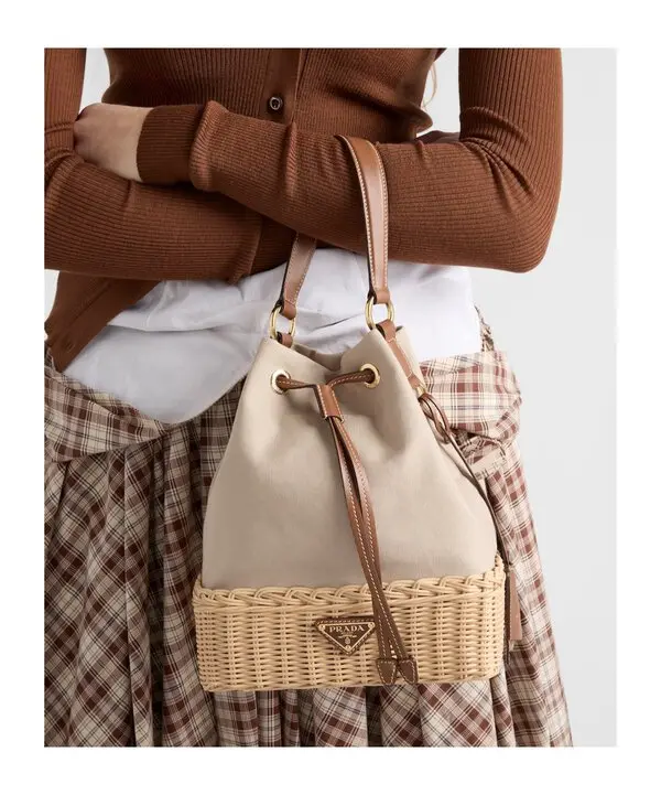 Prada Wicker And Canvas Bucket Bag