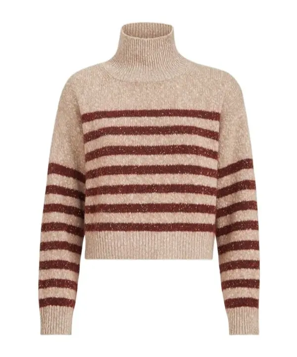 Brunello Cucinelli Soft Virgin Wool And Cashmere Turtleneck Sweater With Dazzling Stripes - Beige